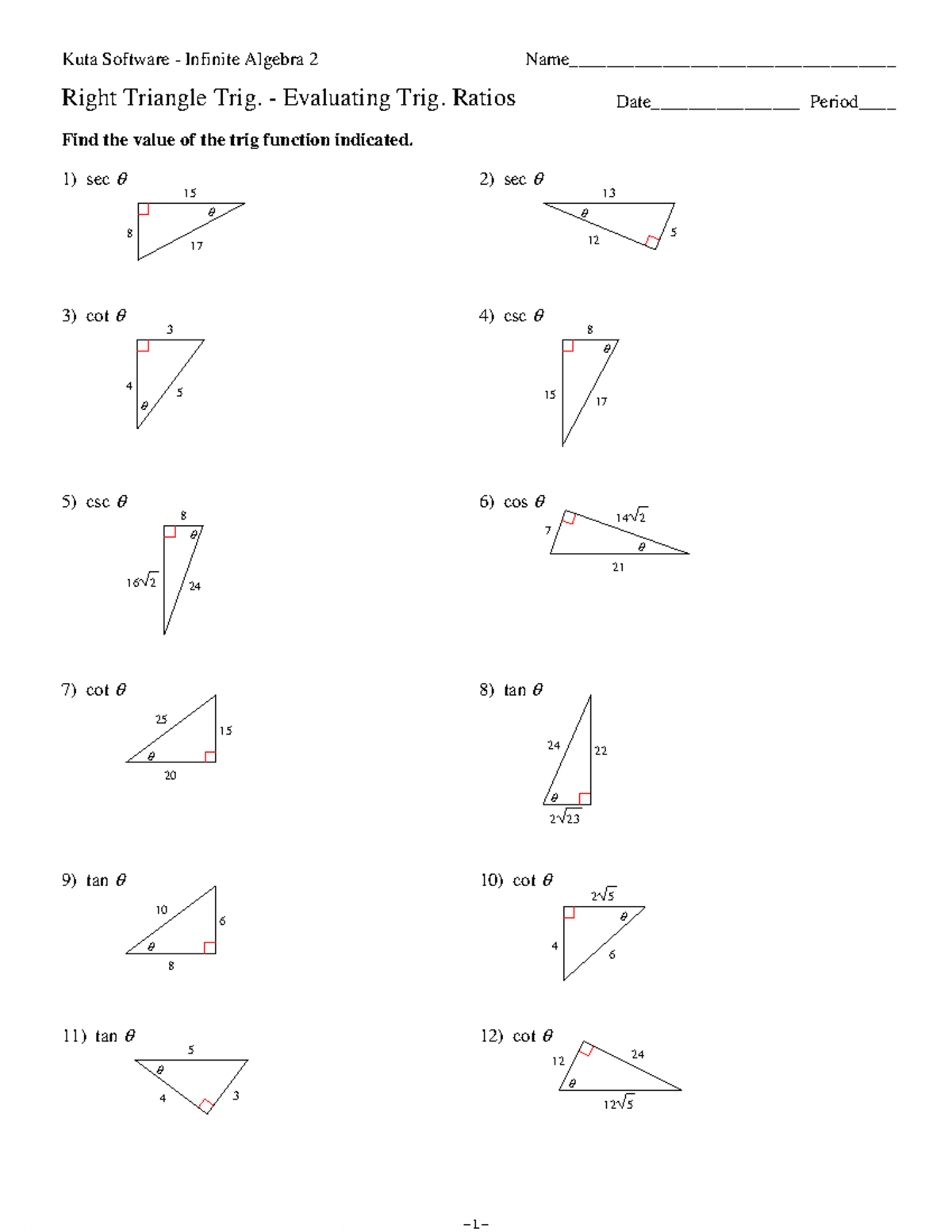 Kuta Software - Right Triangle Trigonometry Ratios Worksheet - Studocu