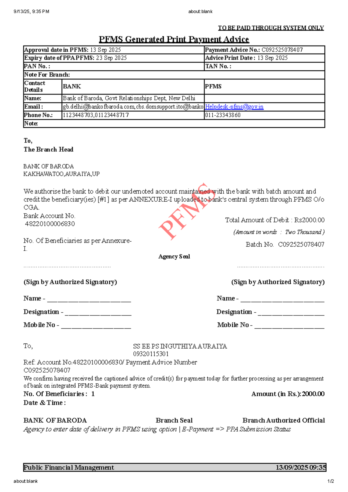 PFMS Payment Advice Approval - C092525078407 Details - Studocu