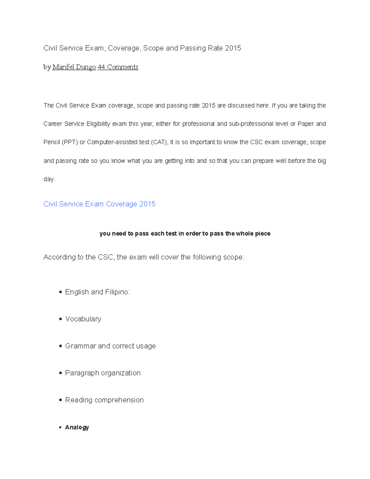 CSE 2015 Civil Service Exam: Coverage, Tips, and Sample Questions - Studocu
