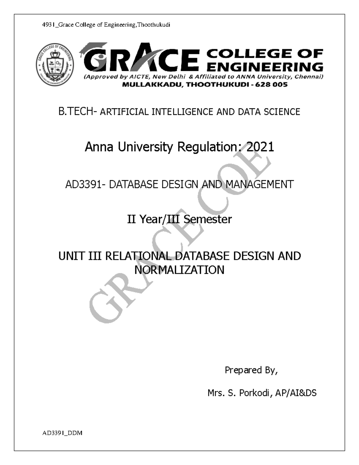 AD3391_DDM Unit 3: Relational Database Design & Normalization - Studocu
