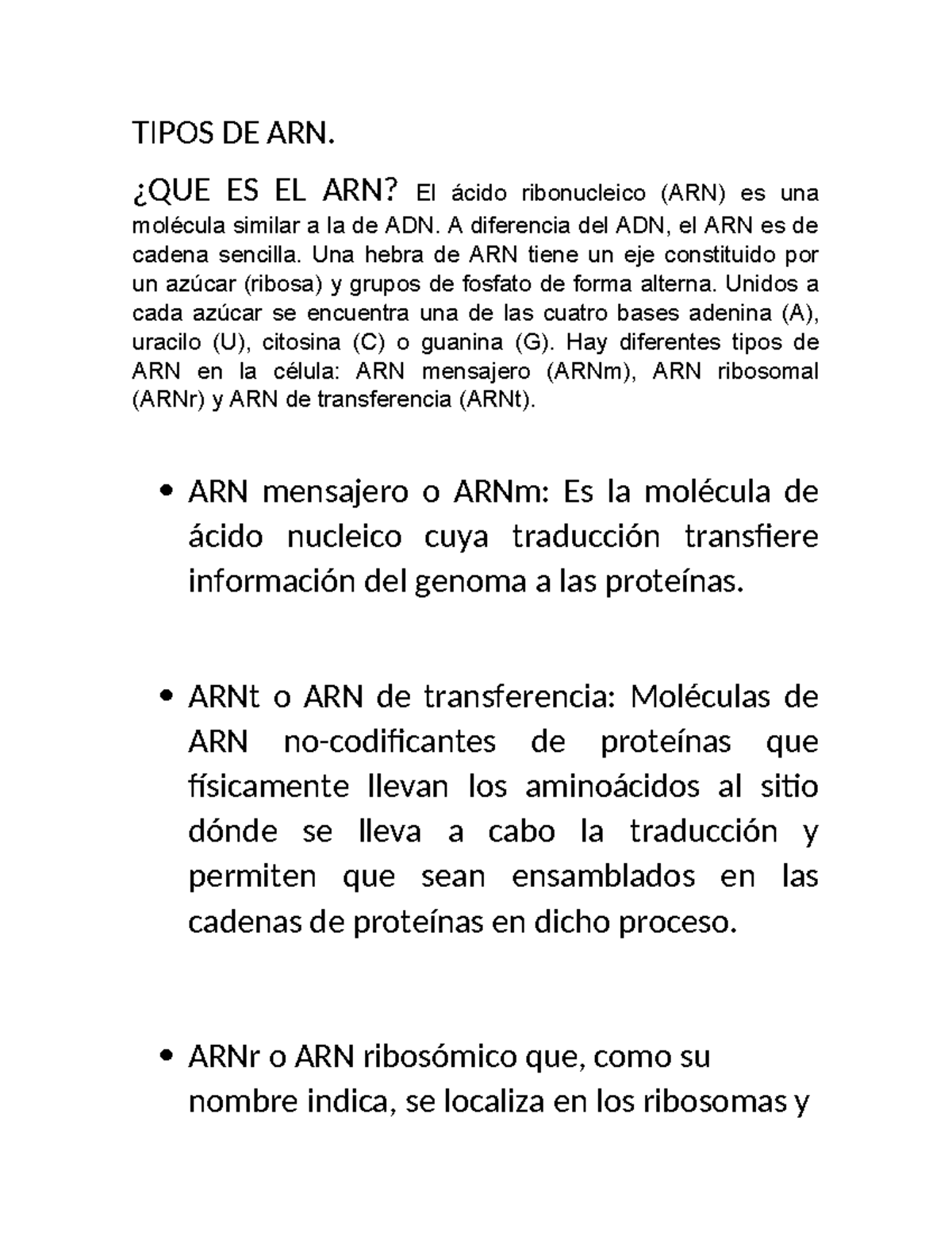 Tipos de ARN: Estructura y Funciones del ARN en Células - Studocu
