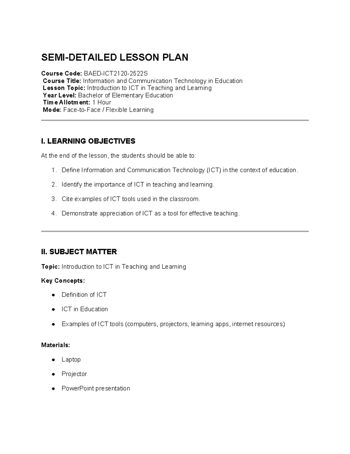 SEMI-Detailed Lesson Plan: ICT in Education (BEED) - Studocu