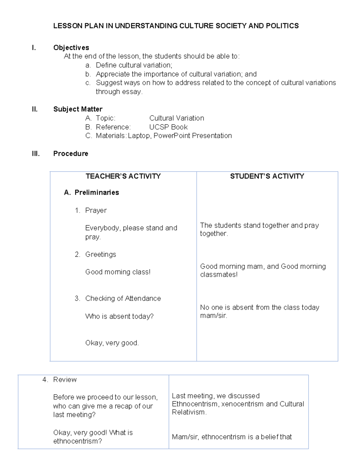 Detailed Lesson Plan in UCSP: Understanding Cultural Variations - Studocu