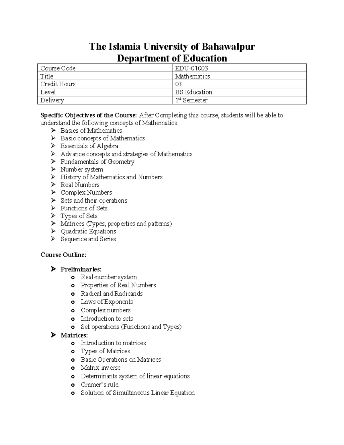 Course Code: MATH 101 - Course Outline for BS Education 1st Sem - Studocu
