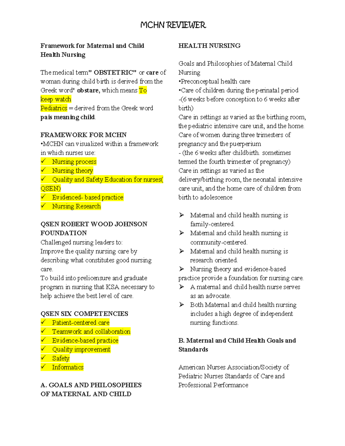 MCHN - Lecture Notes on Maternal and Child Health Nursing - Studocu