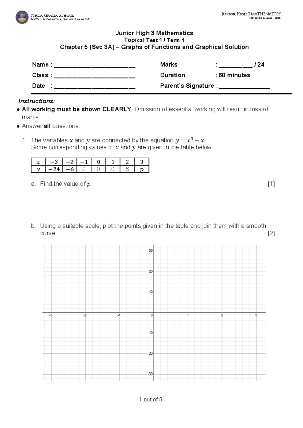 Junior High 3 Mathematics Topical Test 1 (JH3 MAT) - Chapter 5: Graphs ...