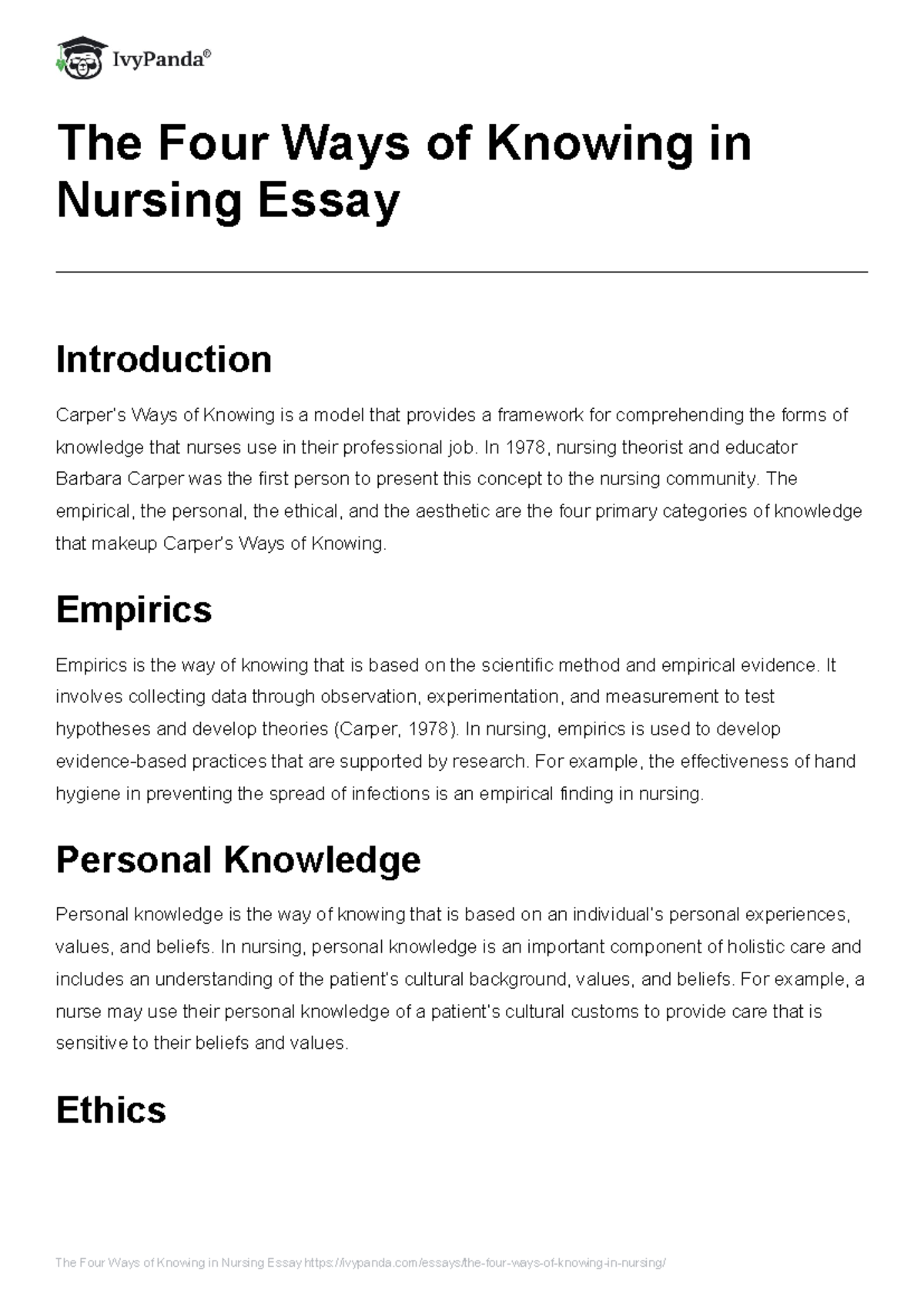 NURS 101: Carper's Four Ways of Knowing in Nursing Essay - Studocu
