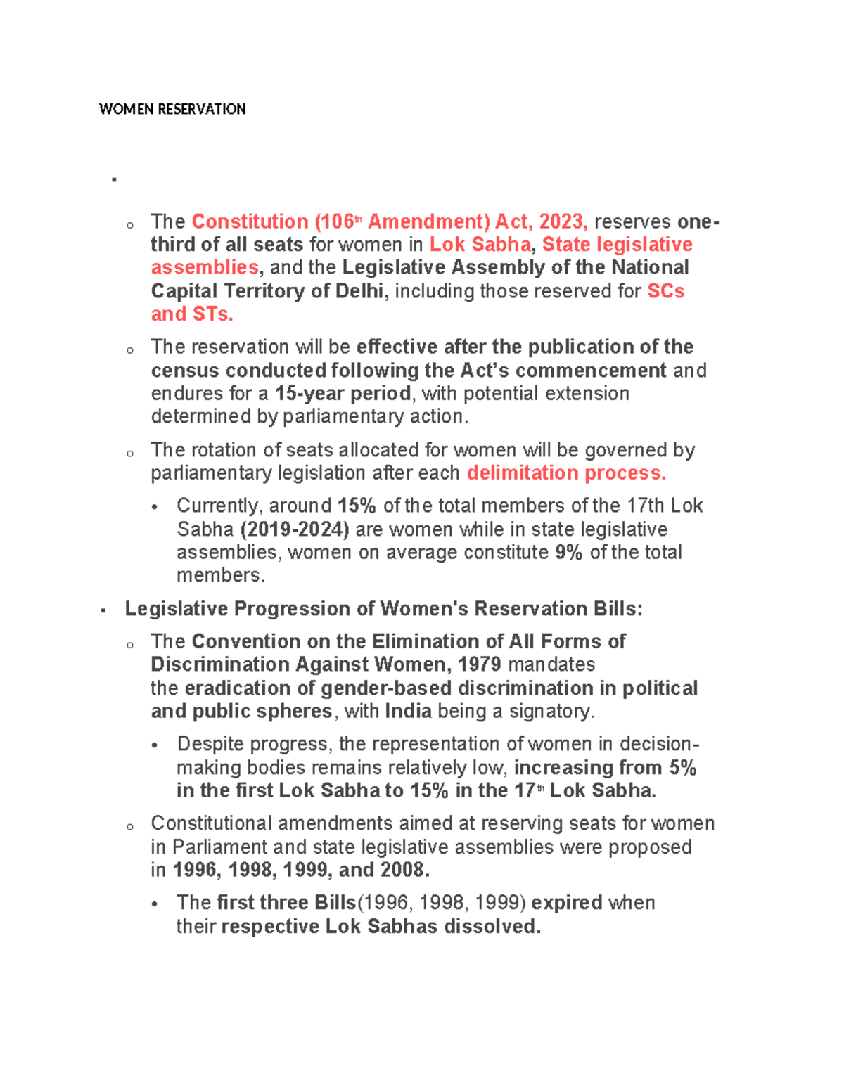 Women Reservation - WOMEN RESERVATION o The Constitution (106th ...