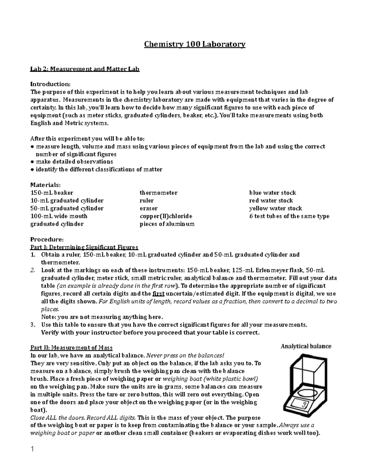 Chem 100 Lab 2: Measurement Techniques and Matter Classification - Studocu