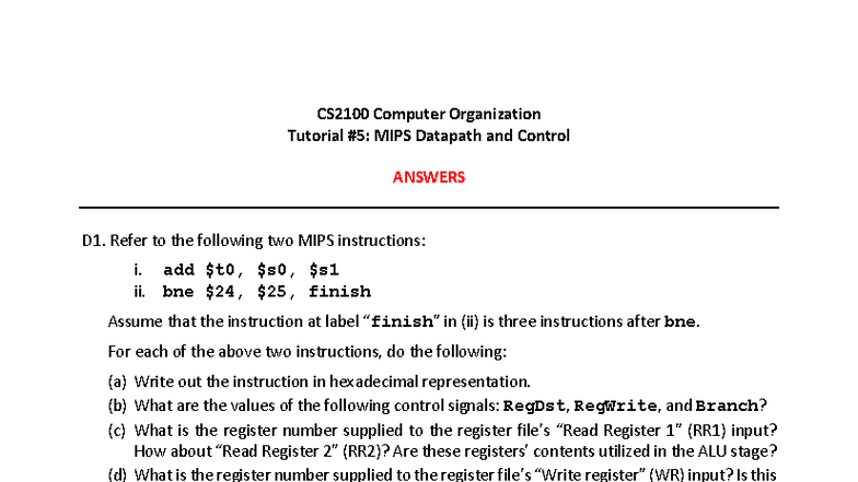 Tut05ans - Tutorials - CS2100 Computer Organization Tutorial # 5 : MIPS ...