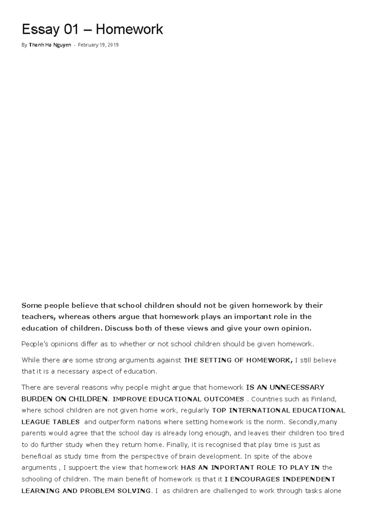 Essay 01 - Homework: The Role of Homework in Education - Studocu