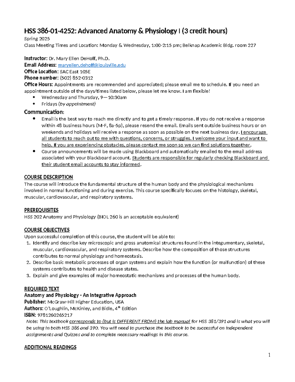 HSS 386 Advanced Anatomy & Physiology I Syllabus - Spring 2025 - Studocu