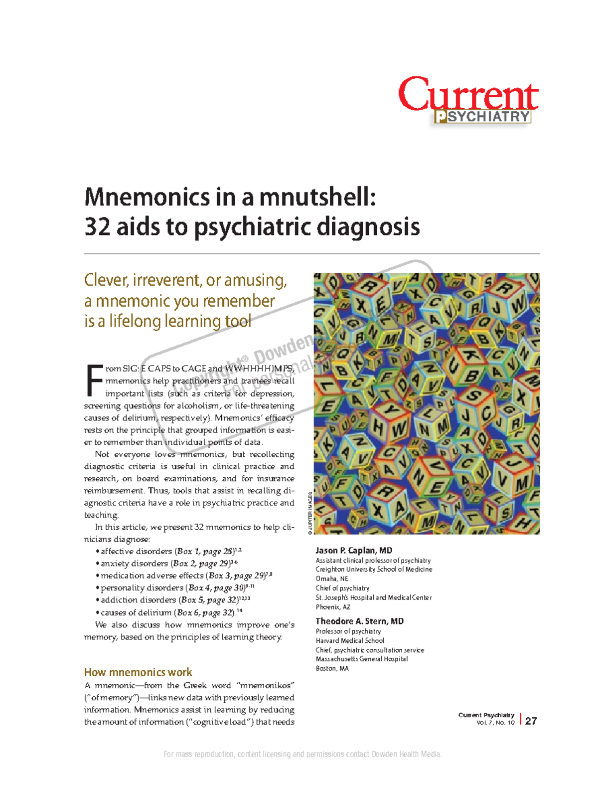 Diagnostic Mnemonics: 32 Memory Aids for Psychiatry (CPSY1008) - Studocu