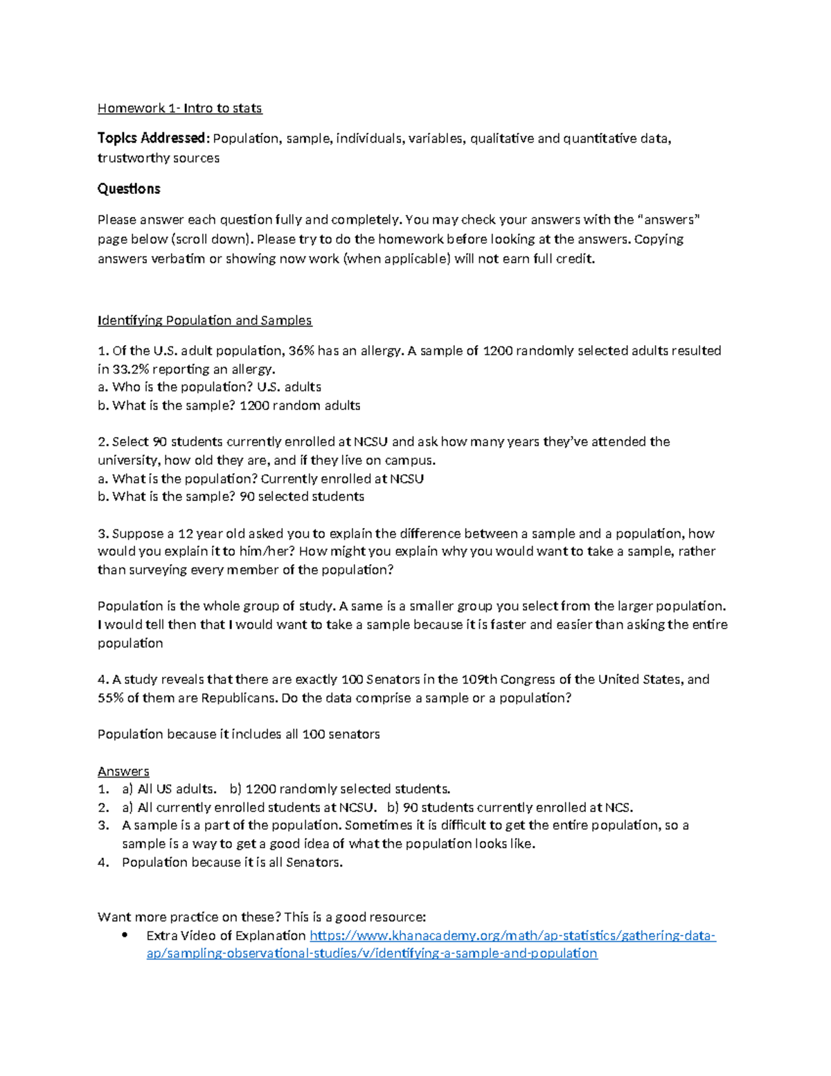 Homework 1 - Intro to Stats: Populations & Samples Analysis - Studocu