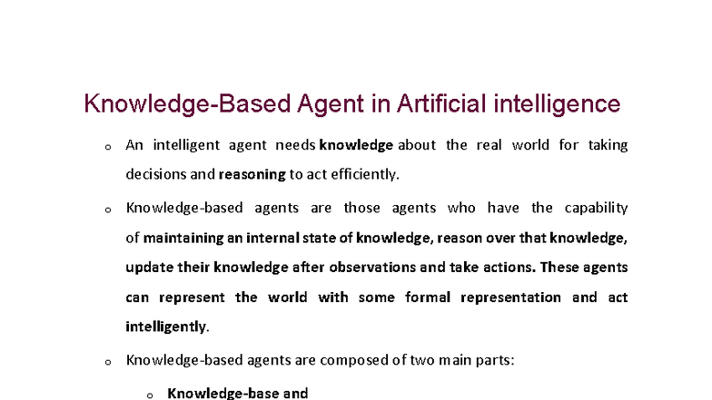 Knowledge Representation in AI: Understanding Intelligent Agents - Studocu