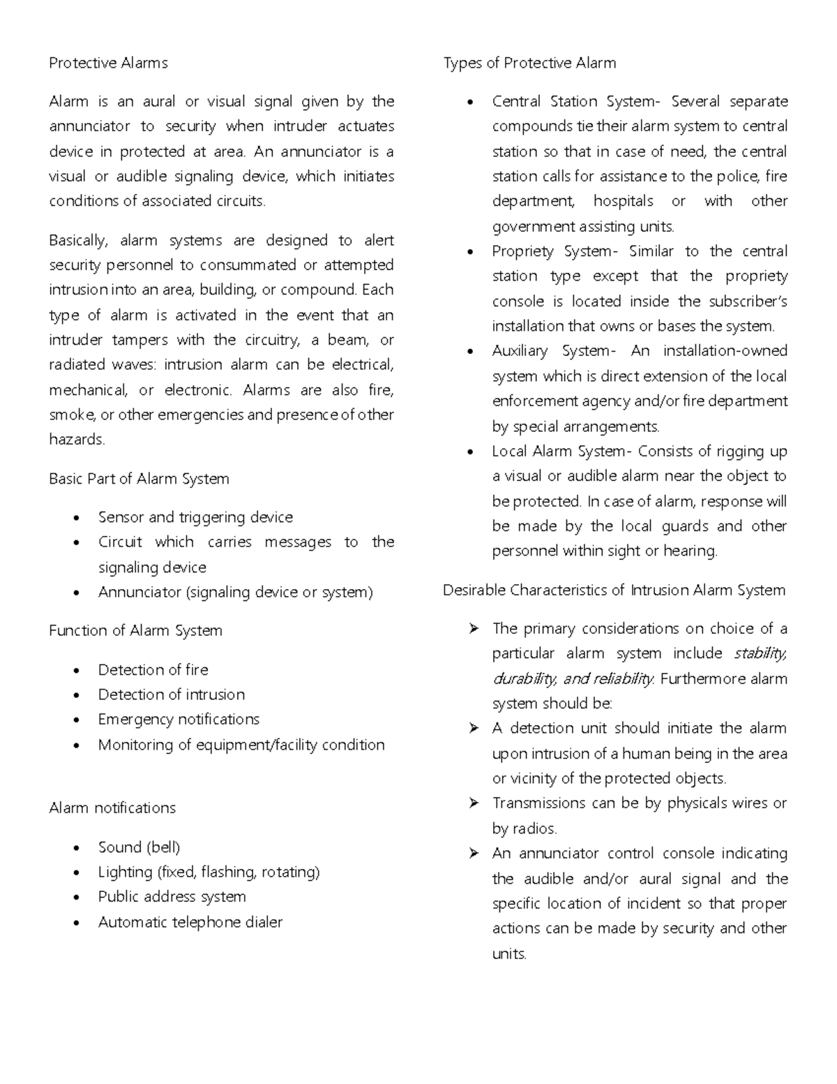 Security - Notes on Protective Alarms and Systems - Studocu