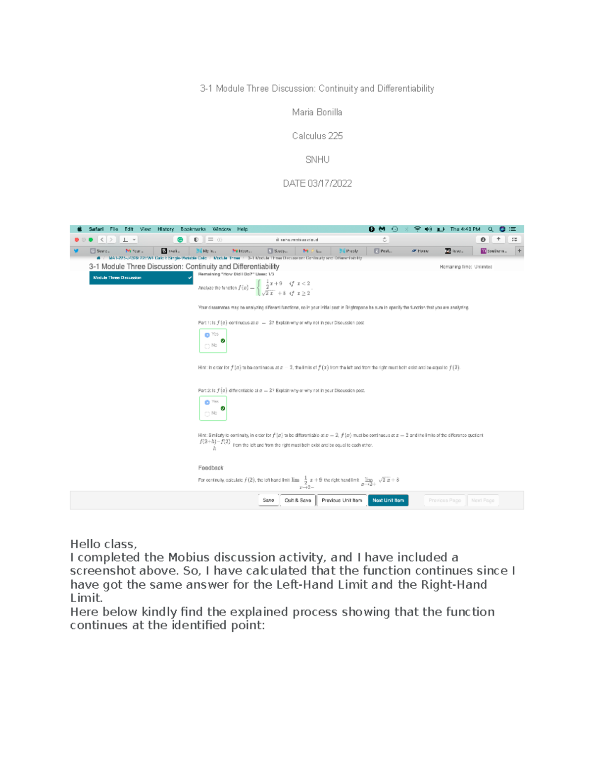 Maria B- Calculus-225-3-1 Module Three Discussion- Continuity and ...