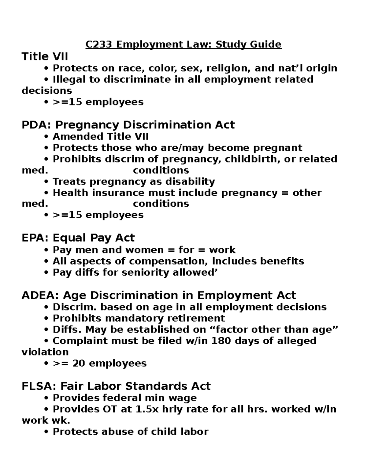 C233 Employment Law Study Guide: Key Acts & Protections Overview - Studocu