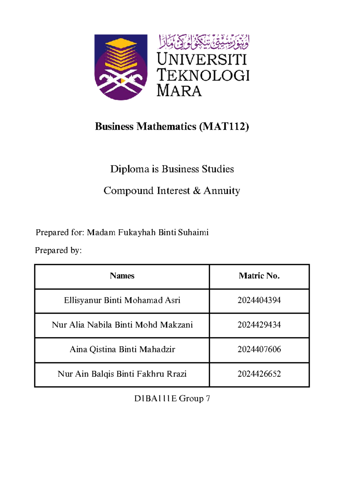 Business Mathematics Case Study (MAT112) on Compound Interest ...