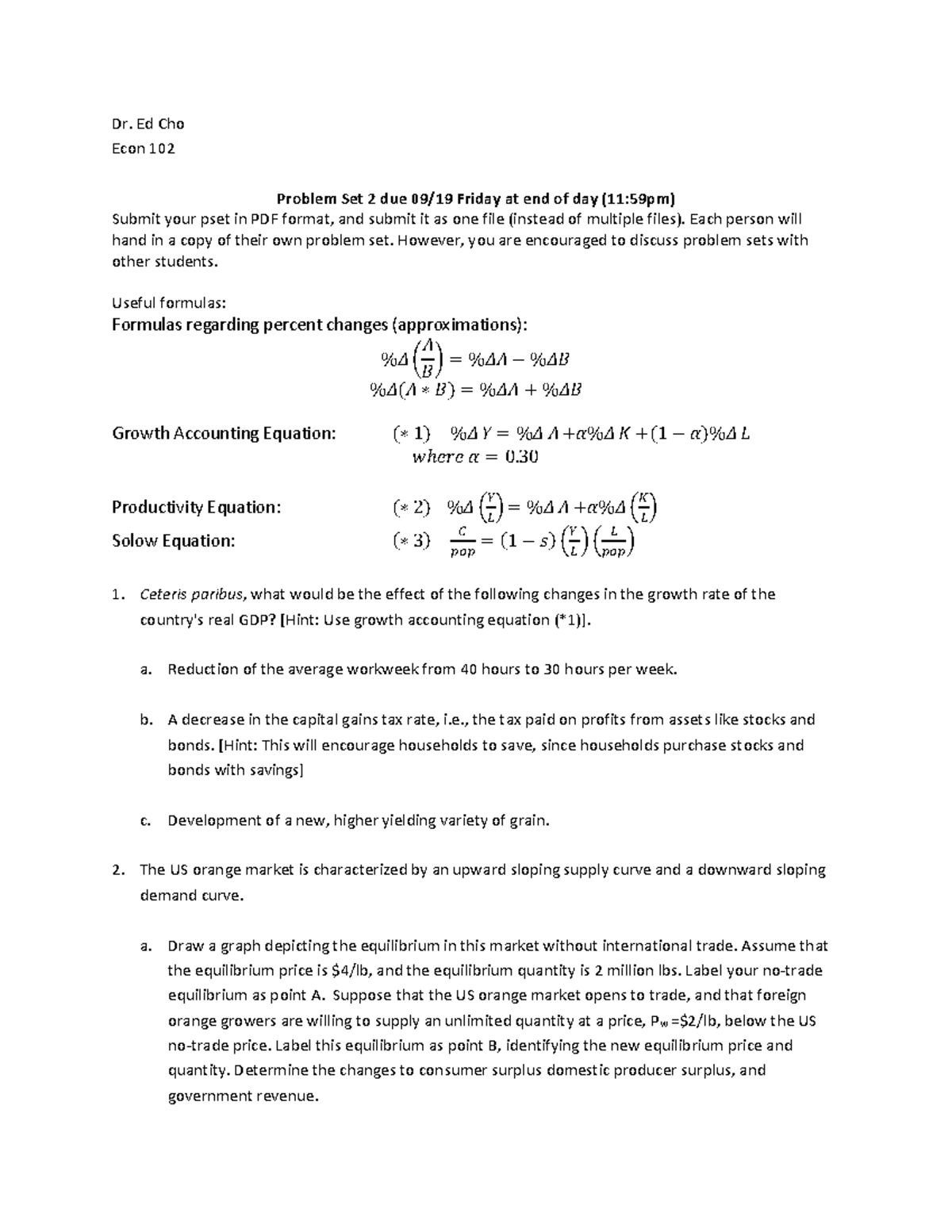Econ 102 Problem Set 2: Key Concepts & Formulas for Submission - Studocu