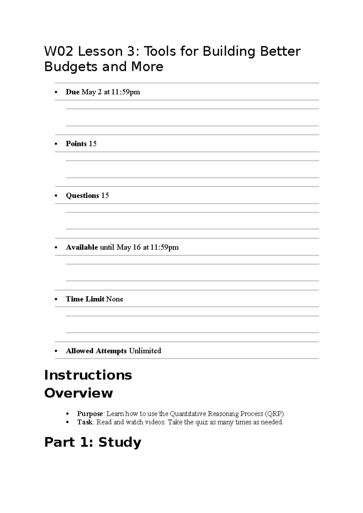 Math108x W02 Quiz: Budgeting Tools and Applications Review - Studocu