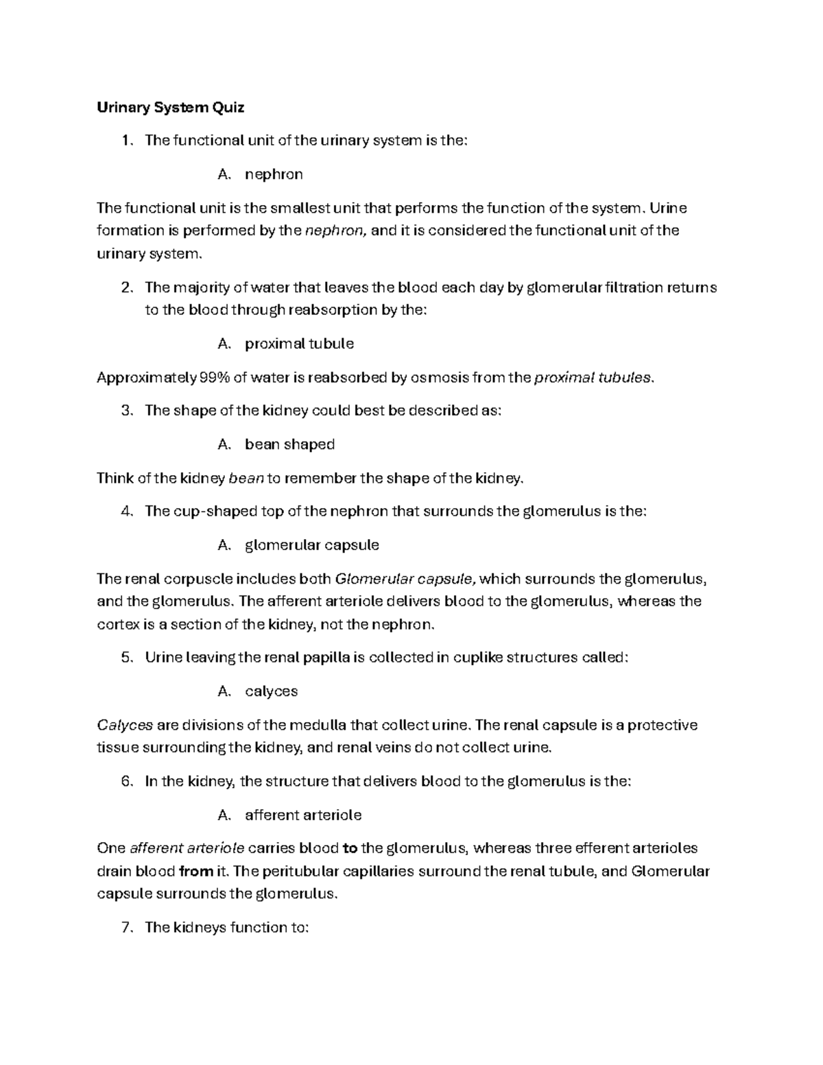 Urinary System Quiz 1 - Practice Test Review - Studocu