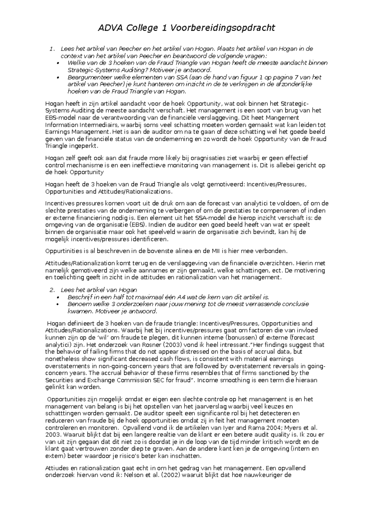 ADVA College 1 Voorbereidingsopdracht - Lees het artikel van Peecher en ...