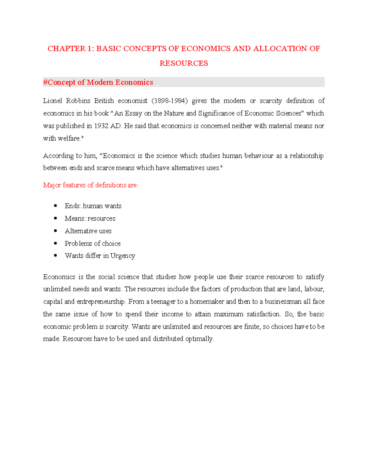 CHAPTER 1: BASIC ECONOMIC CONCEPTS & RESOURCE ALLOCATION (ECO 101 ...