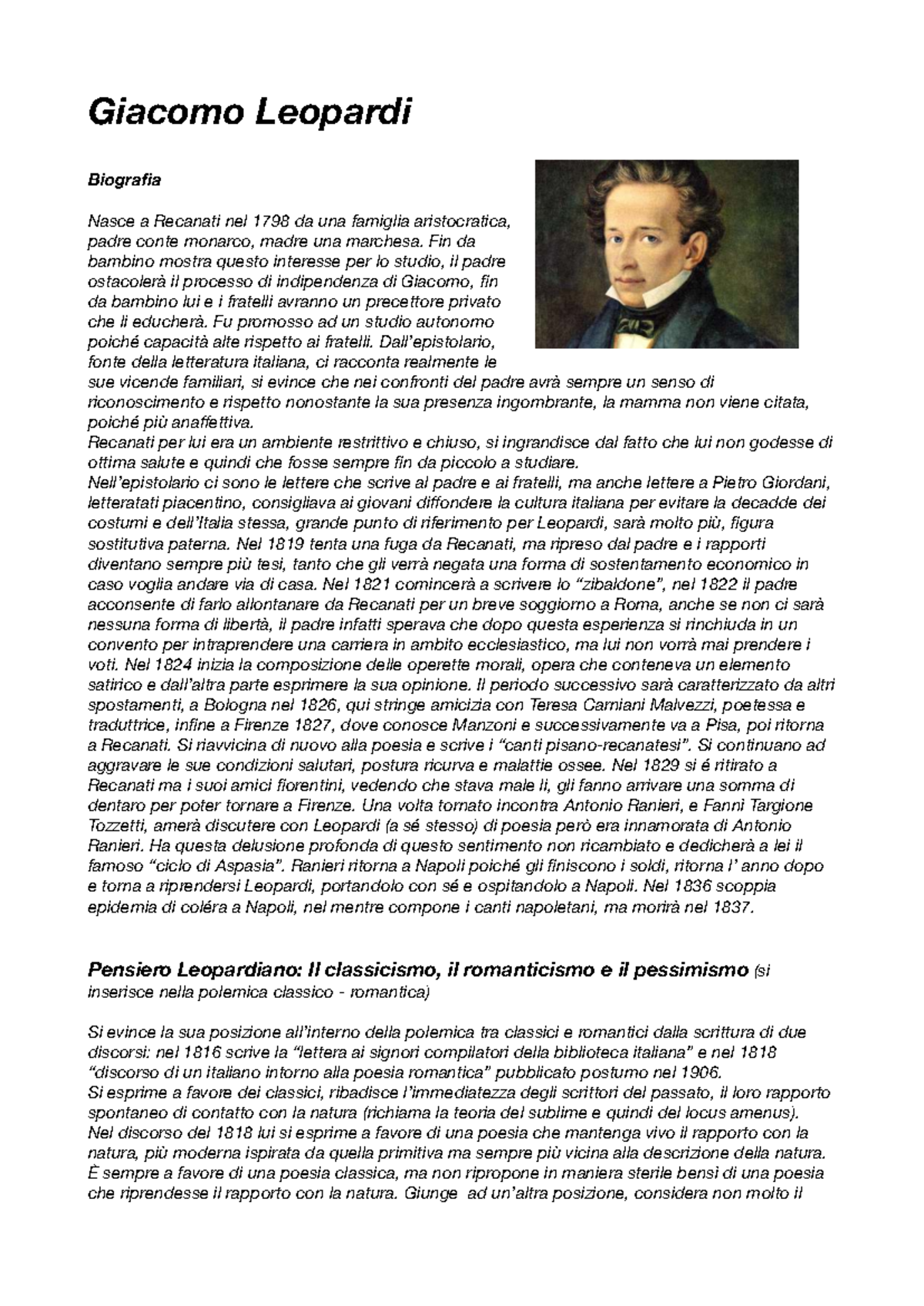 Giacomo Leopardi: Biografia e Pensiero Pessimista (7) - Studocu