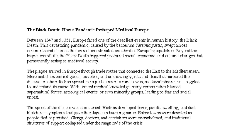 The Black Death: Transformations in Medieval Europe (1347-1351) - Studocu