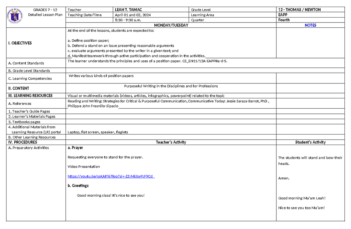Position Paper Lesson Plan for EAPP (GRADES 7-12) - Studocu