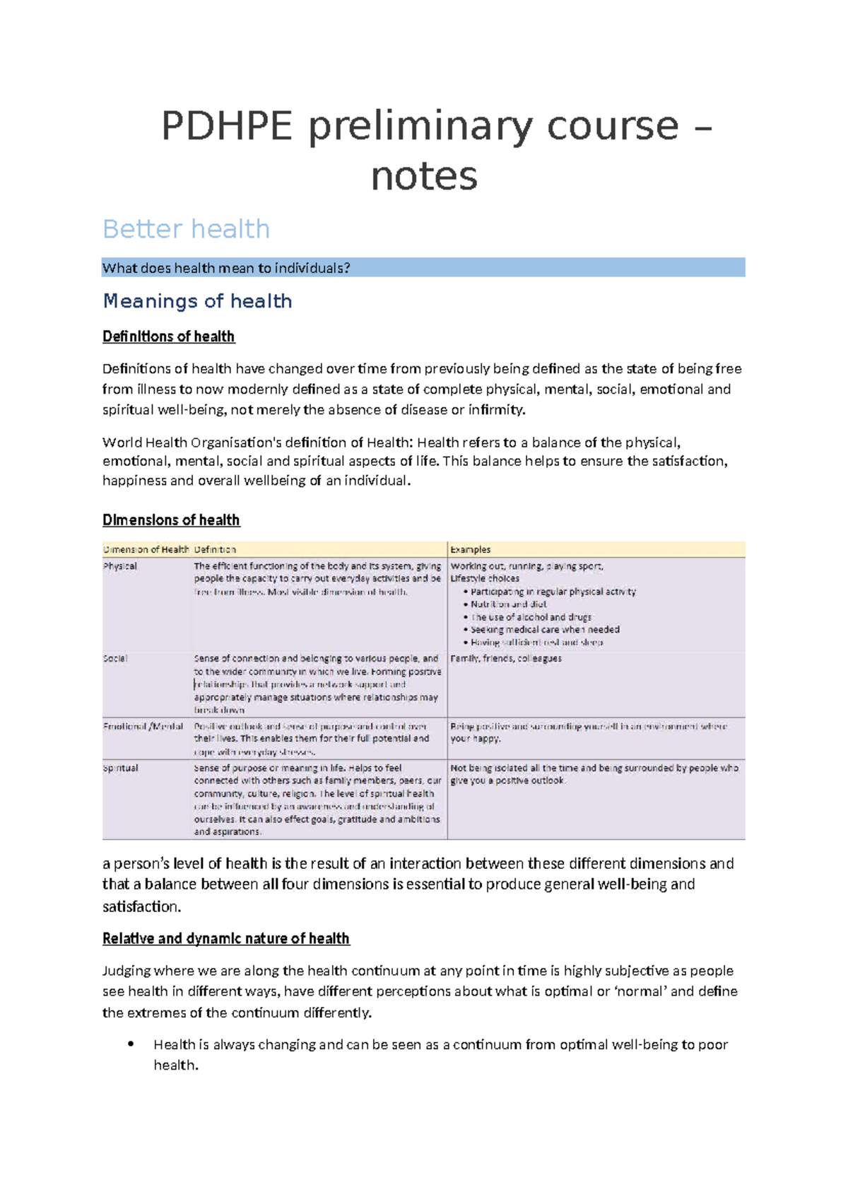 PDHPE Preliminary Course Notes: Understanding Health and Its Dimensions ...