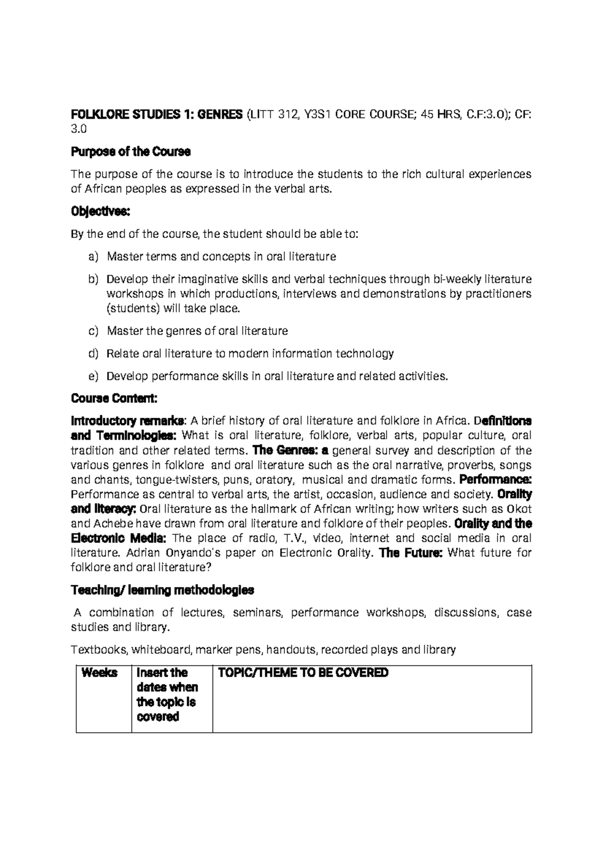 LITT 312: Folklore Studies 1 - Course Outline and Genres Overview - Studocu