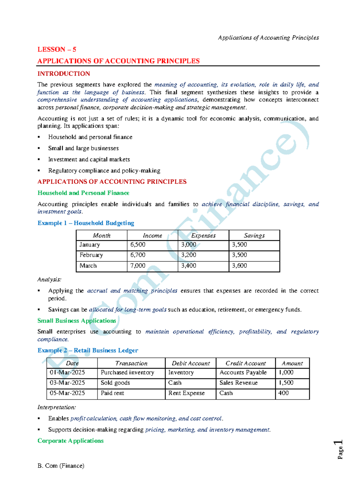 B. Com (Finance) Lesson 05: Applications of Accounting Principles - Studocu