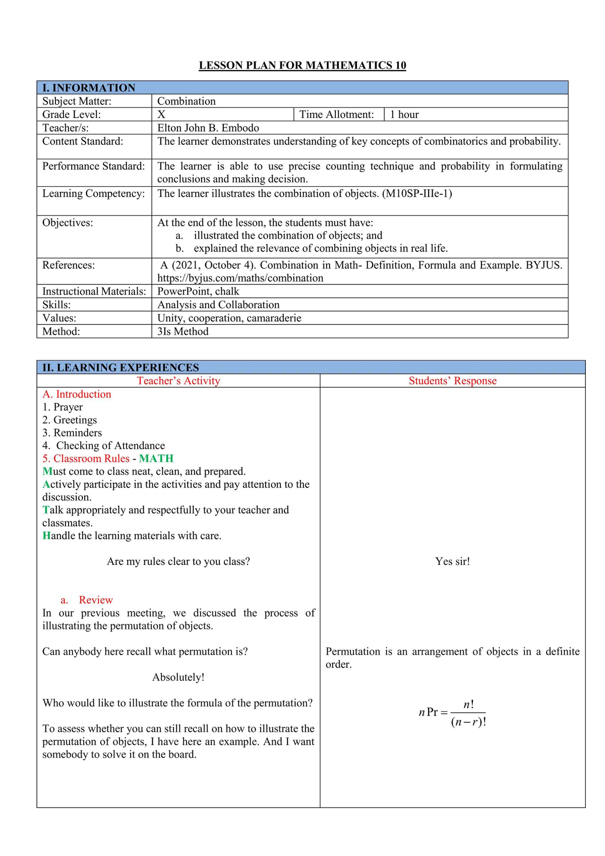 Combination plan - LESSON PLAN FOR MATHEMATICS 10 I. INFORMATION ...