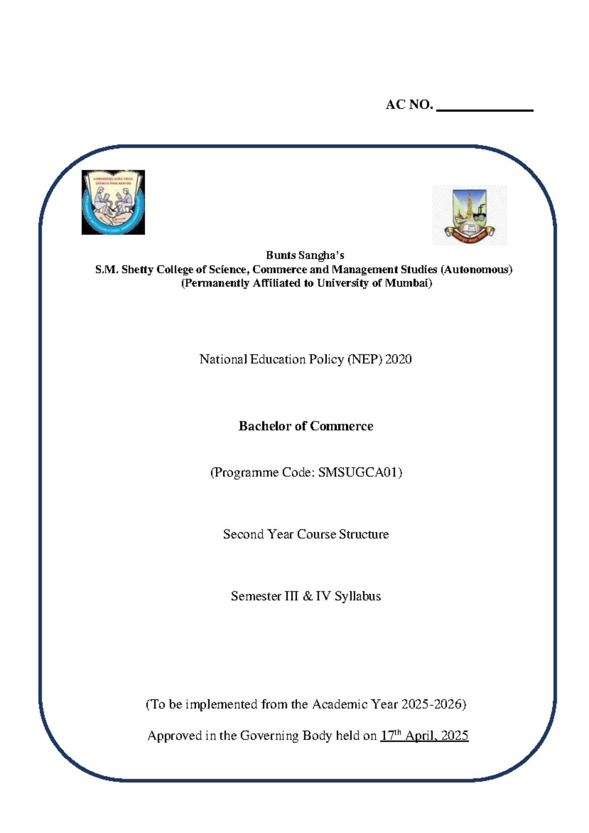 NEP 2020 B.Com Course Structure & Syllabus for Sem III & IV (2025-26 ...