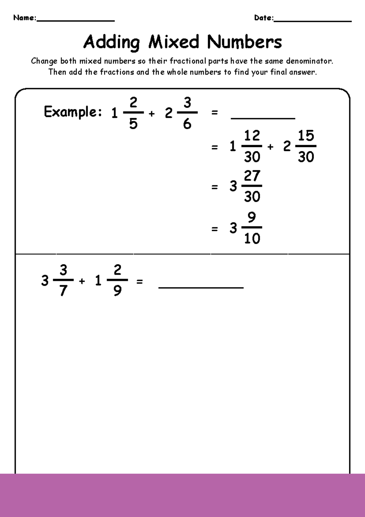 Adding Mixed Numbers - 5th Grade Worksheet - Name: Date: 2 5 1 2 3 6 ...