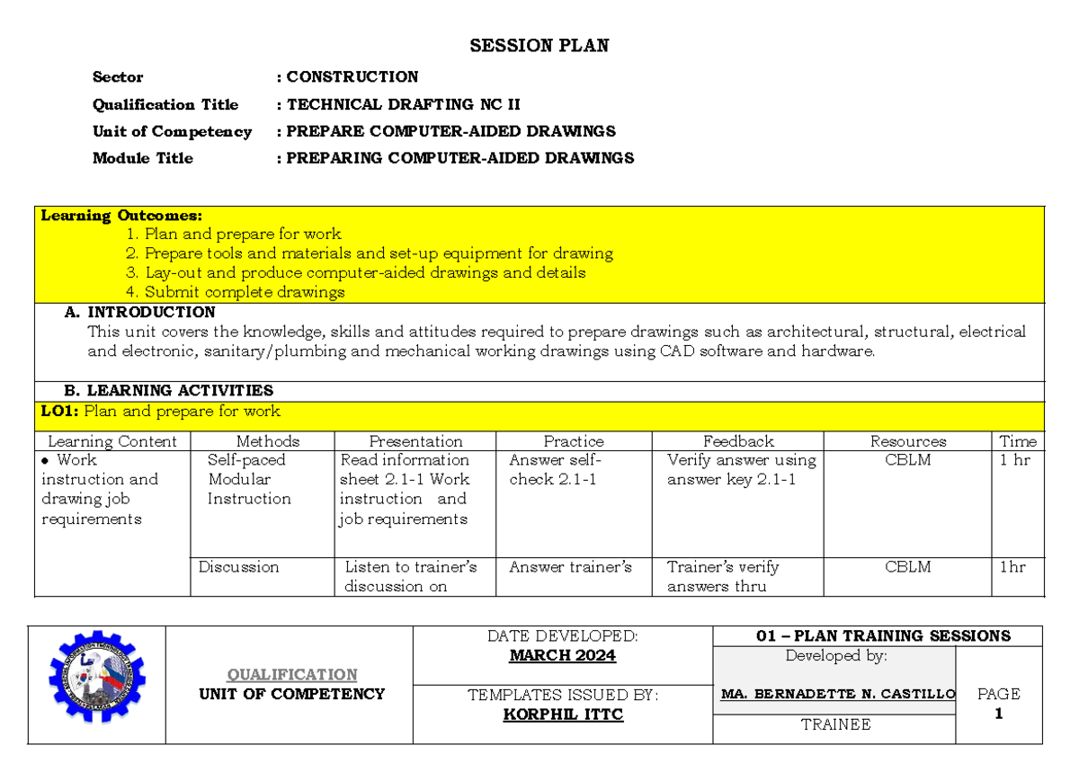 Session Plan for Technical Drafting NC II - Preparing CAD Drawings ...