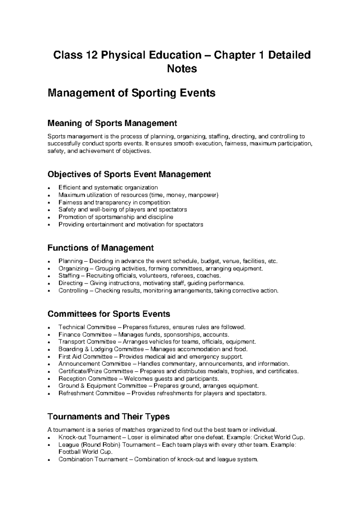 PE Class 12 Chapter 1: Management of Sporting Events Notes - Studocu