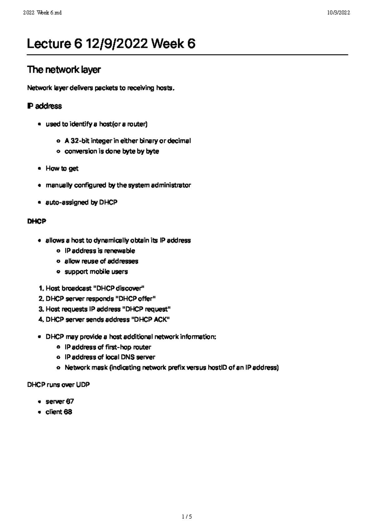 2022 Week 6 - Summary Introduction to Computer Networks - Lecture 6 12 ...