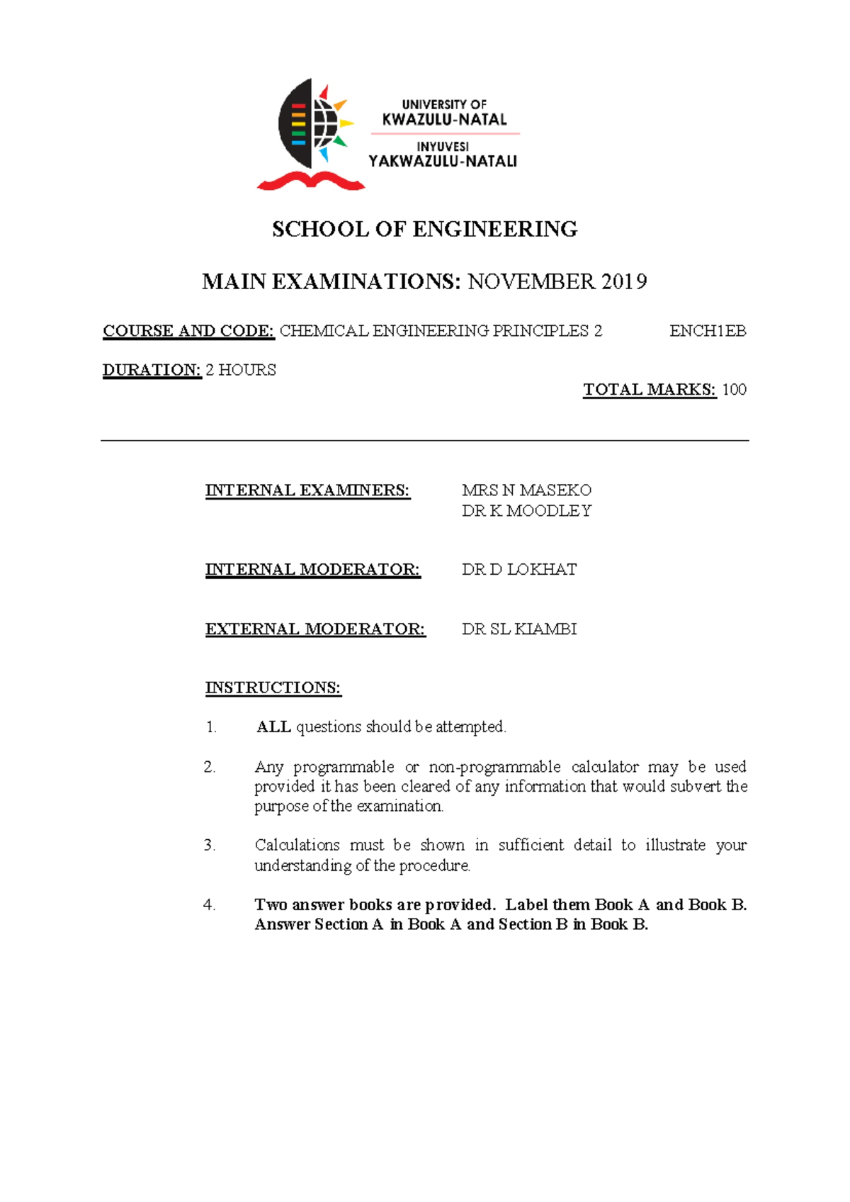 ENCH1EB 2019 Final Exam: Chemical Engineering Principles 2 Past Paper ...