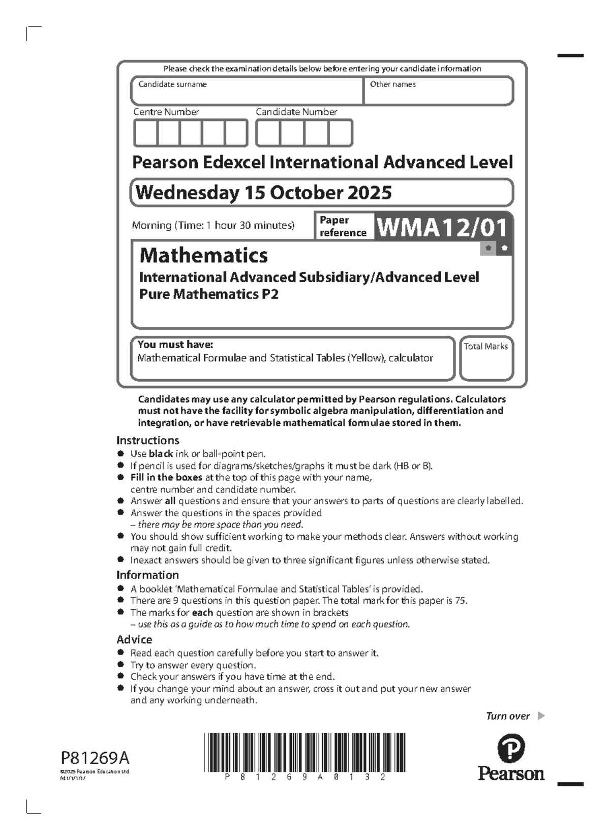IAL Mathematics Pure Mathematics P2 Exam Paper - October 2025 - Studocu