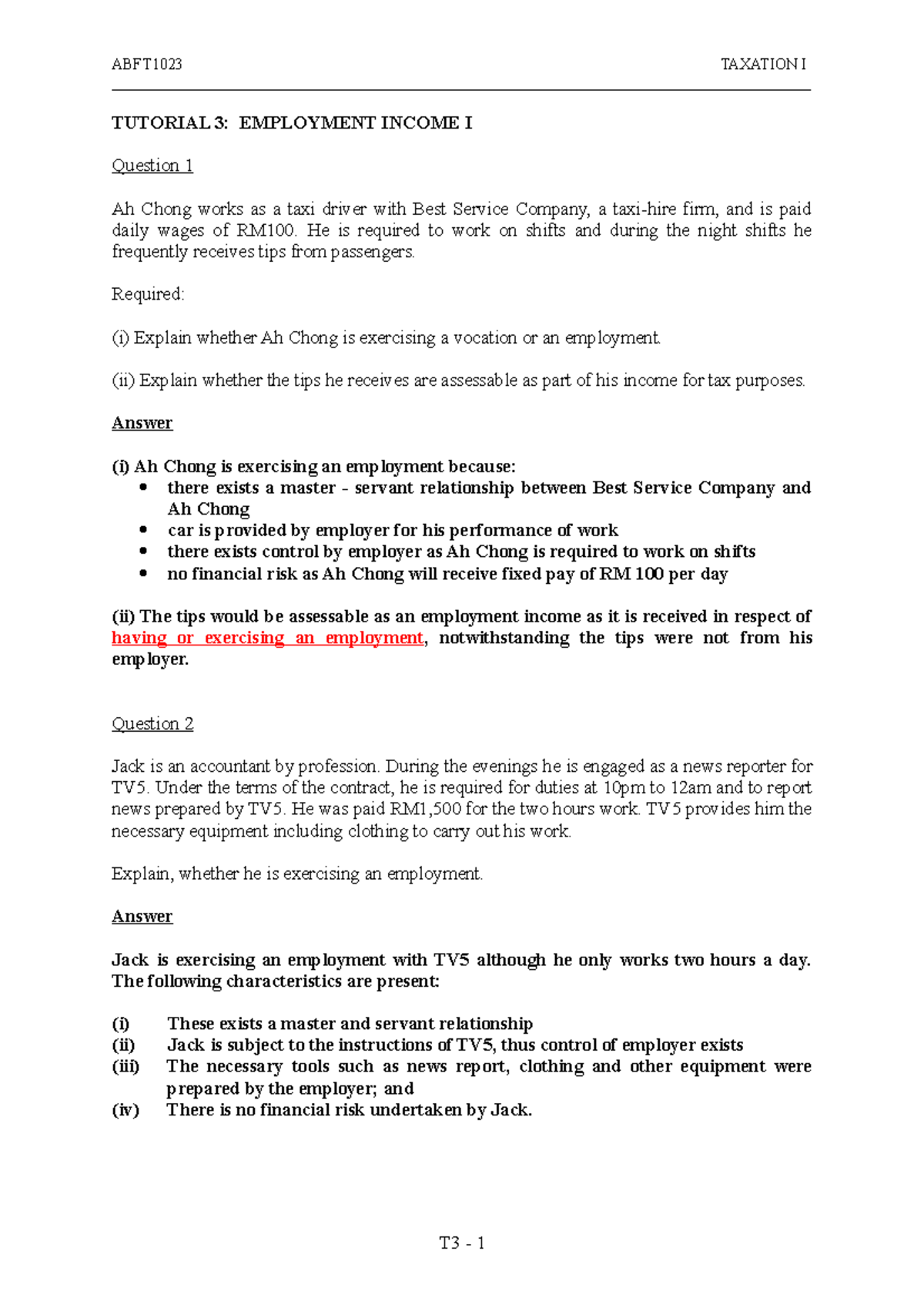 Tutorial 3 - Employment Income I Q&A Analysis and Insights - Studocu