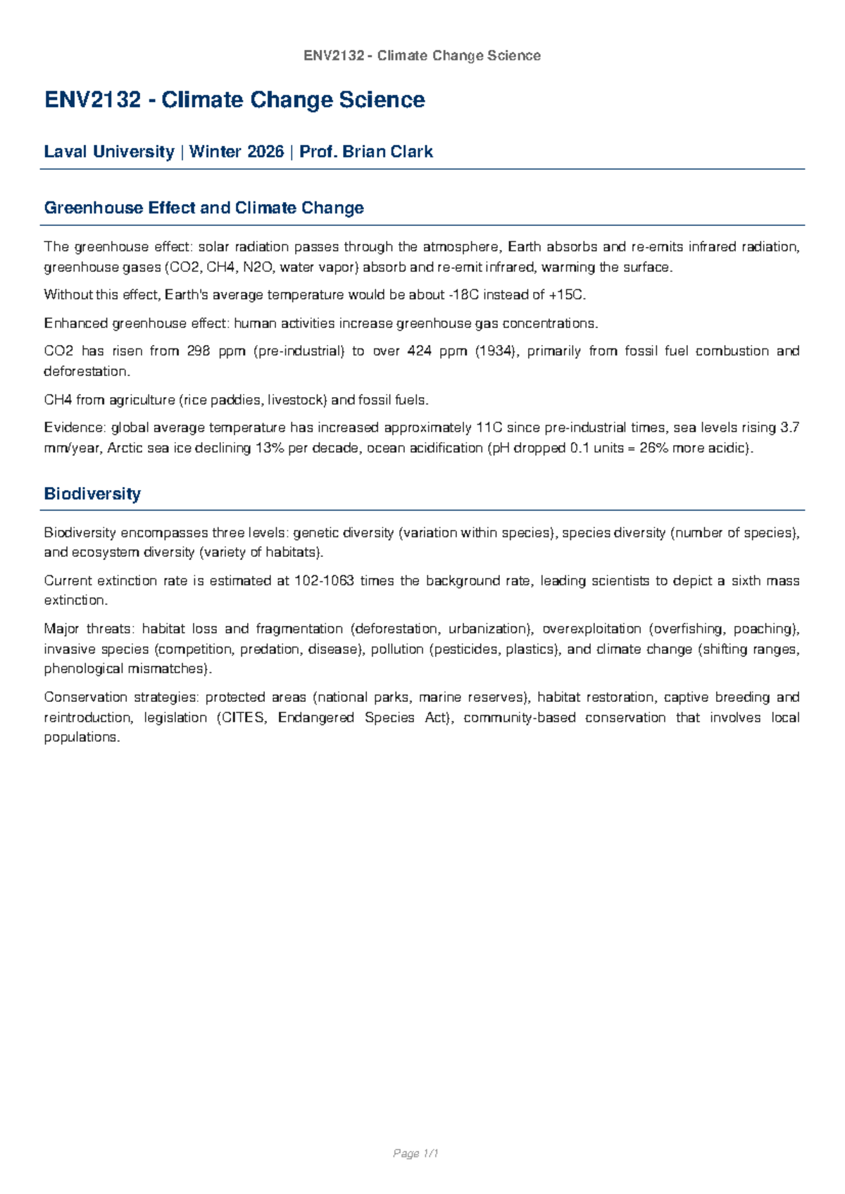 ENV2132 Study Notes: Greenhouse Effect & Biodiversity Insights - Studocu