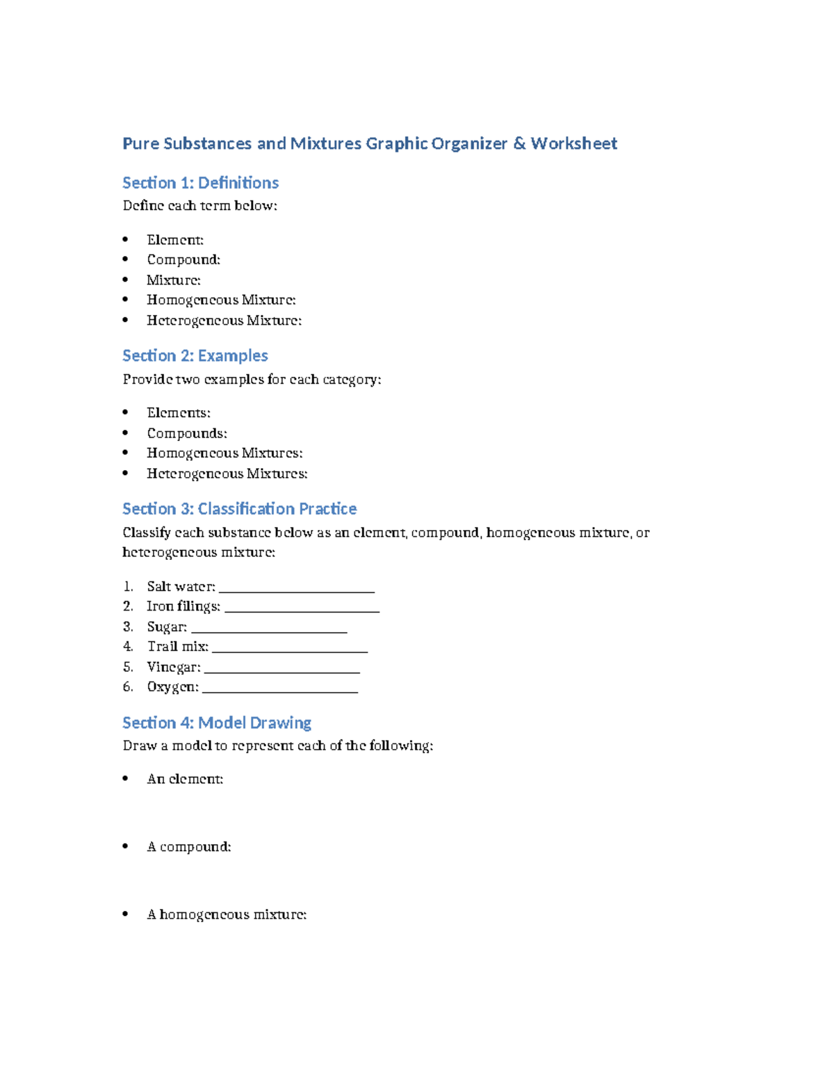 ECM 101: Pure Substances and Mixtures Graphic Organizer Worksheet - Studocu