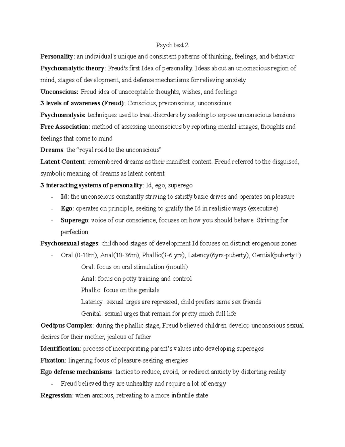Psychology Test 2: Key Concepts in Personality Theories and Assessments ...