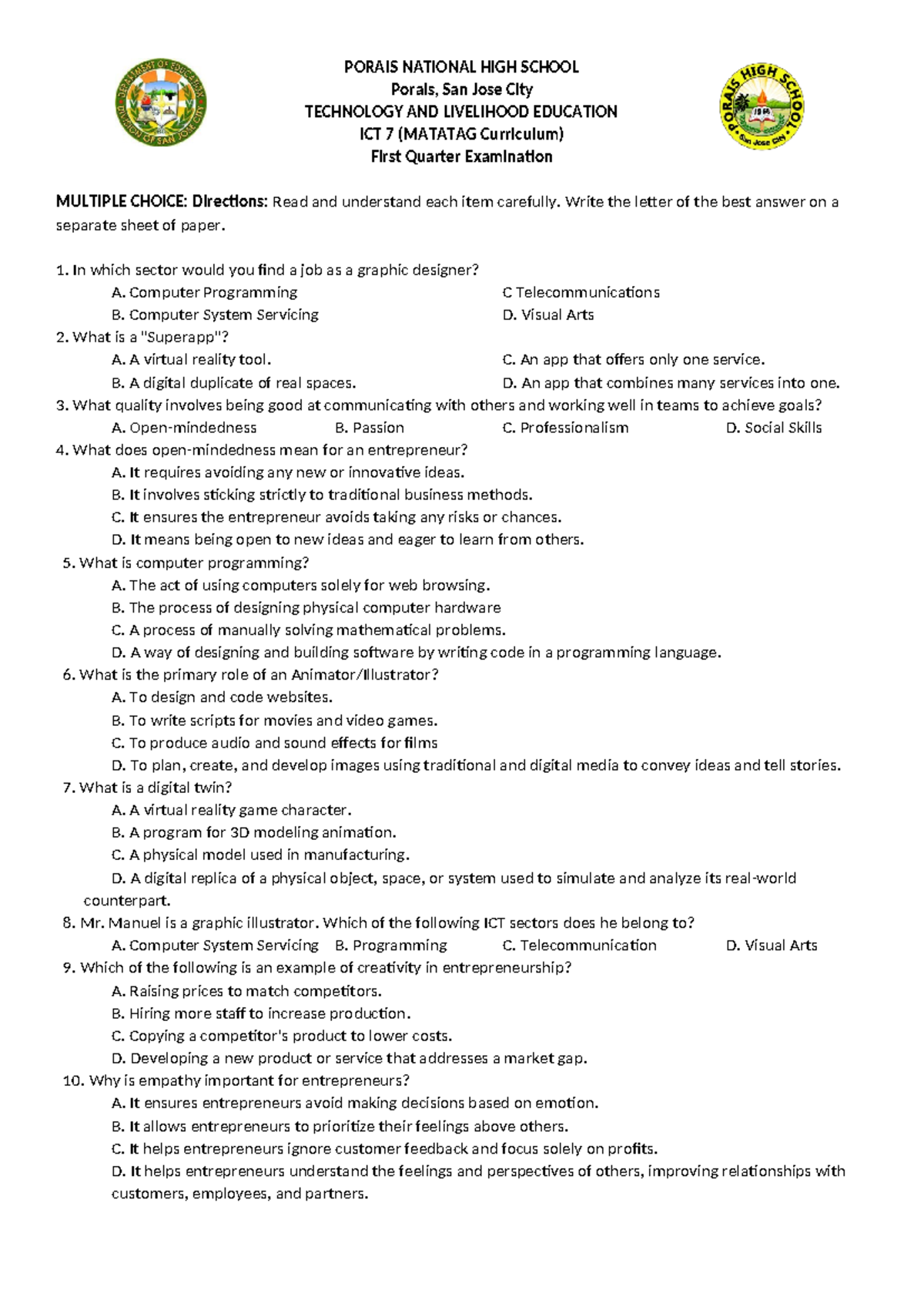 Q1-TLE 7 Matatag ICT - Final Exam Review Guide - Studocu