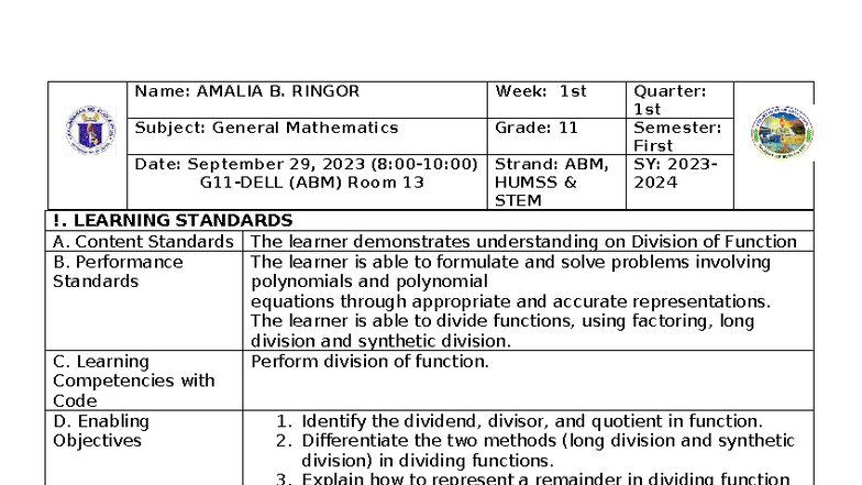 Lesson Plan: Division of Functions (Gen Math 11, 1st Sem) - Studocu