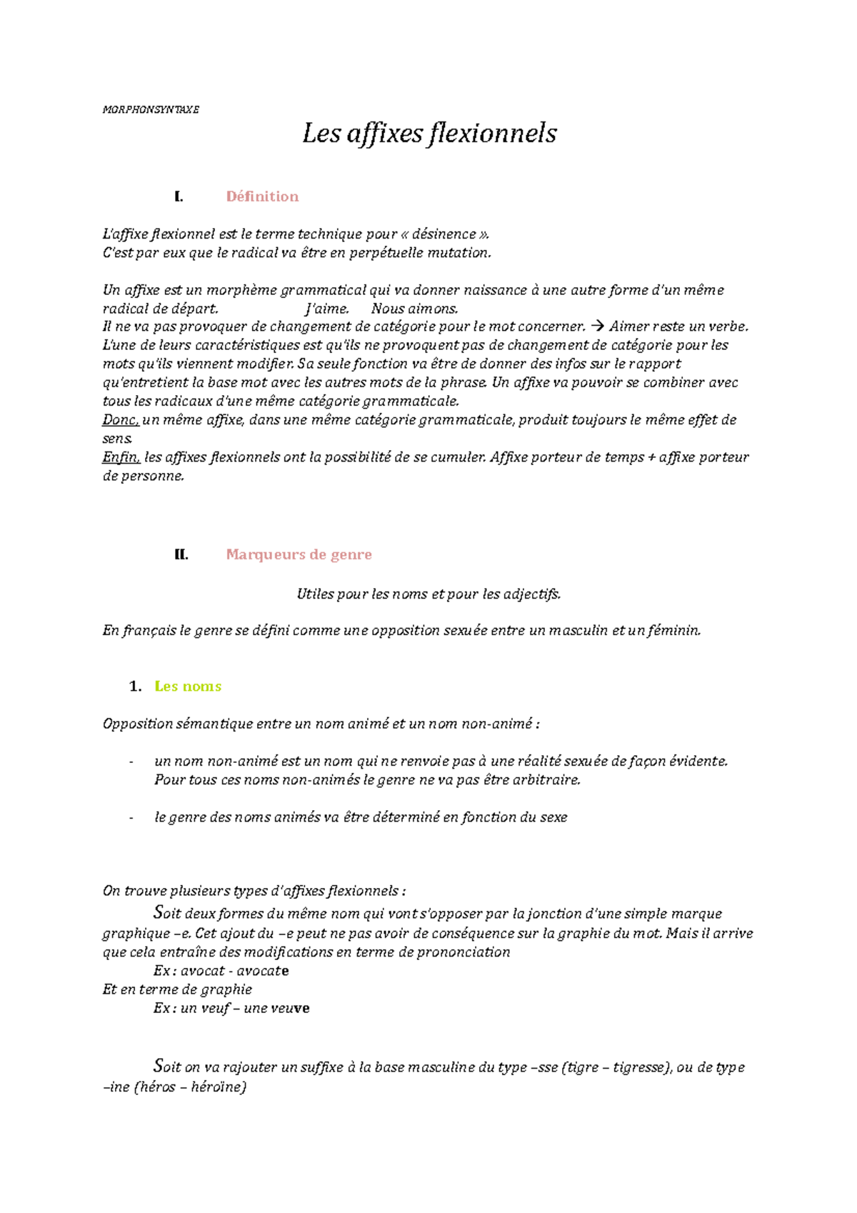Les Affixes Flexionnels en Morphosyntaxe - Cours de Français - Studocu