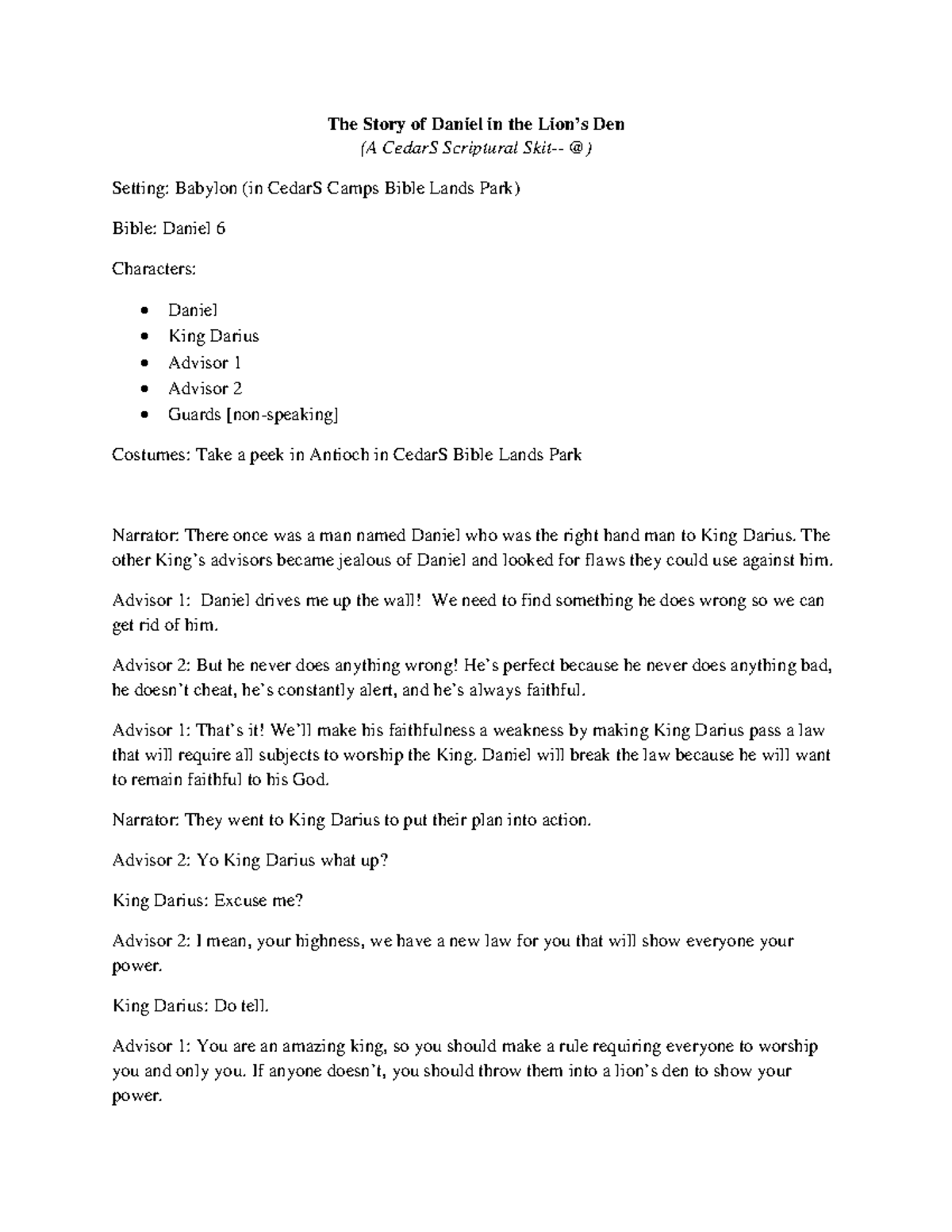 CedarS Skit Script: Daniel in the Lion's Den (Bible Story) - Studocu